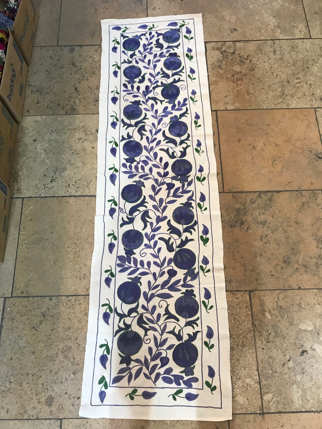 Uzbek Blue Suzani Table Runner, Handmade Tablecover, Central Asian ...