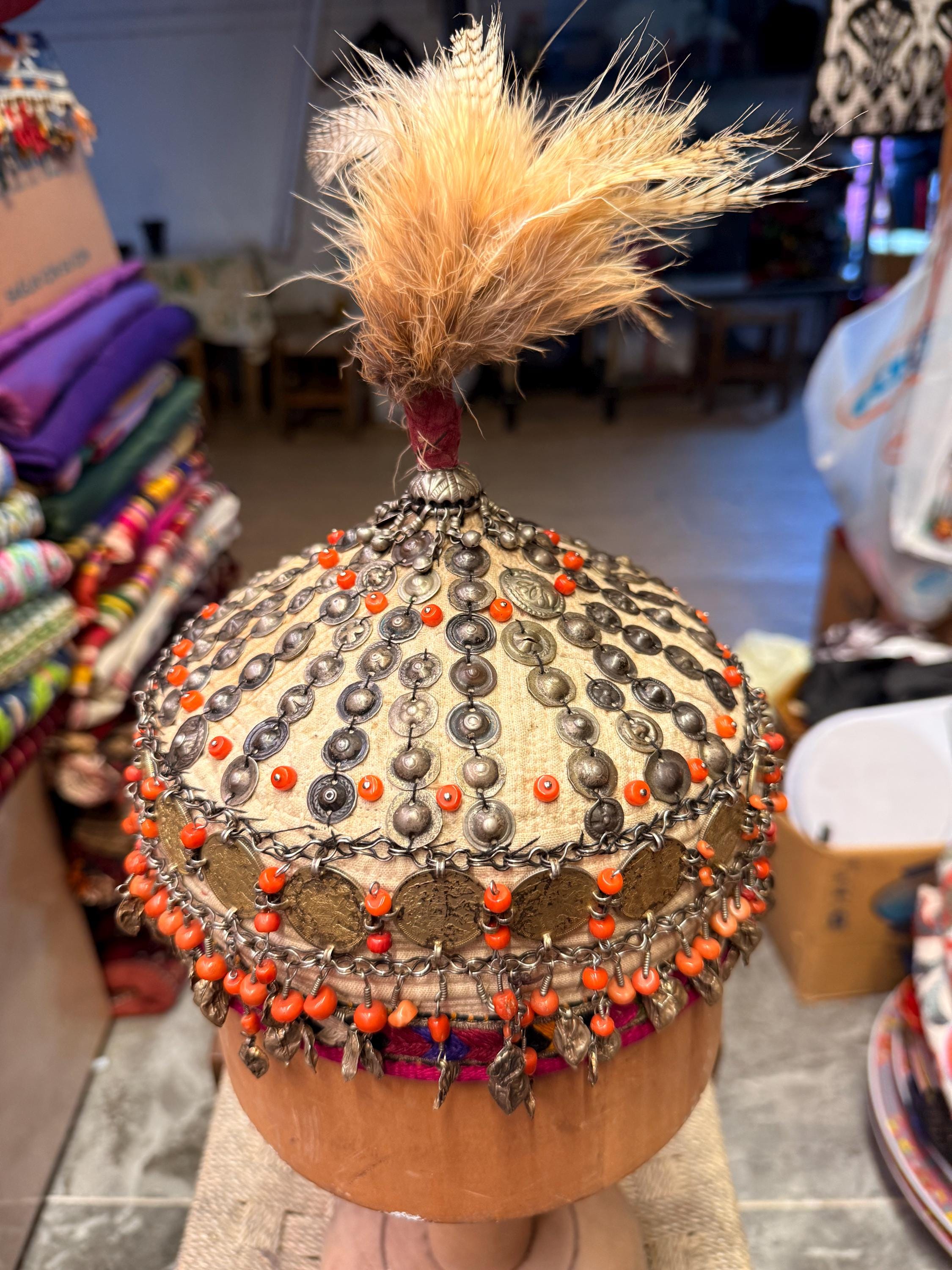 Vintage Handmade Coral Silver Hat, Rare Unique Hat, Ethnic Tribal Hat ...