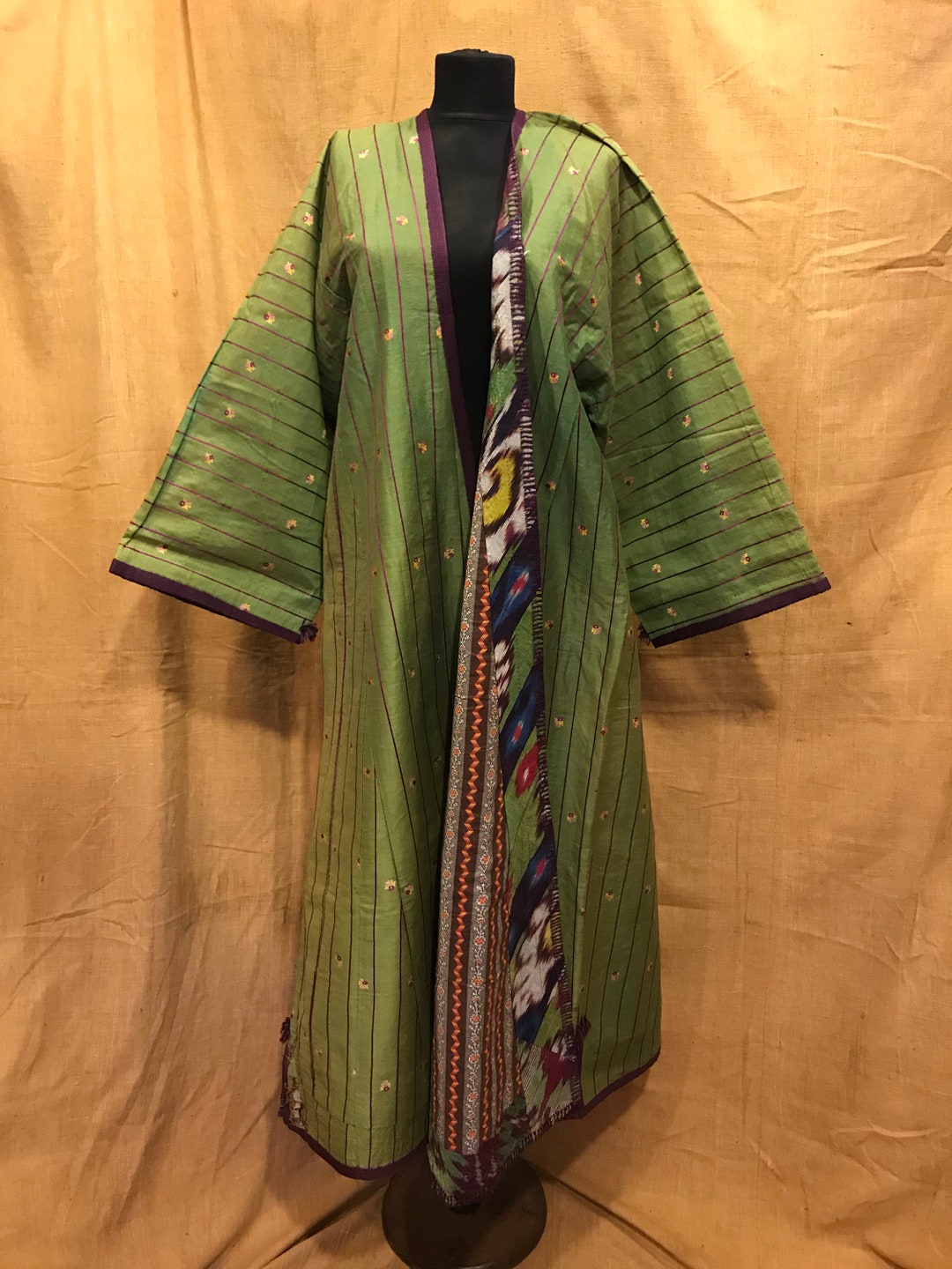 Vintage Uzbek Silk Chapan Robe Clothes, Handmade Caftan, Embroidered ...