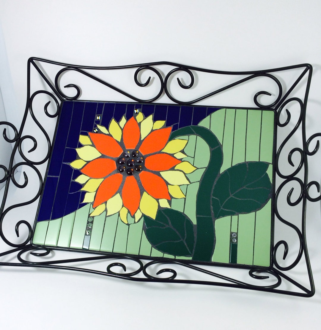 Serving Tray Kitchen Platter Mosaic Sunflower Metal Breakfast Tray ...