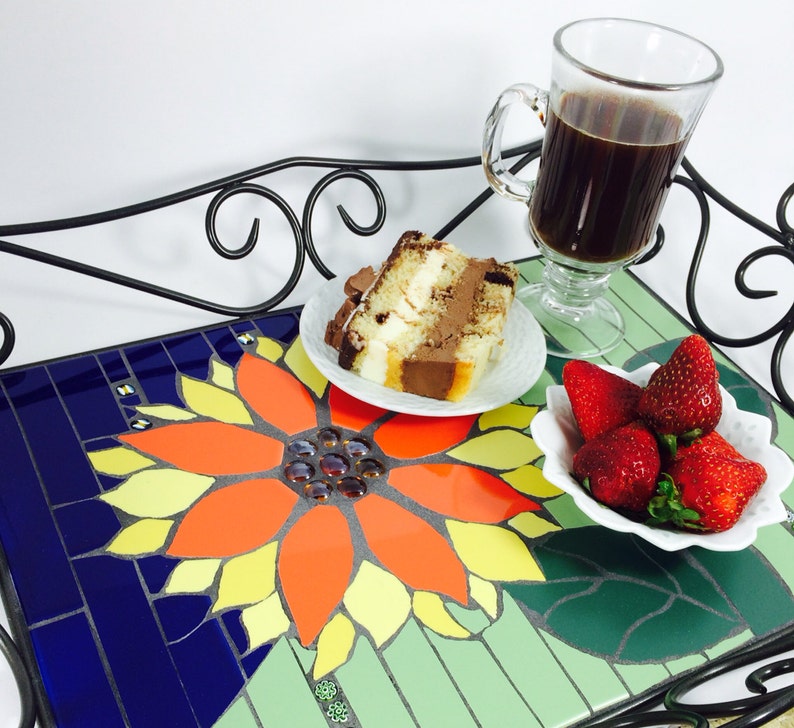Serving Tray Kitchen Platter Mosaic Sunflower Metal Breakfast Tray ...