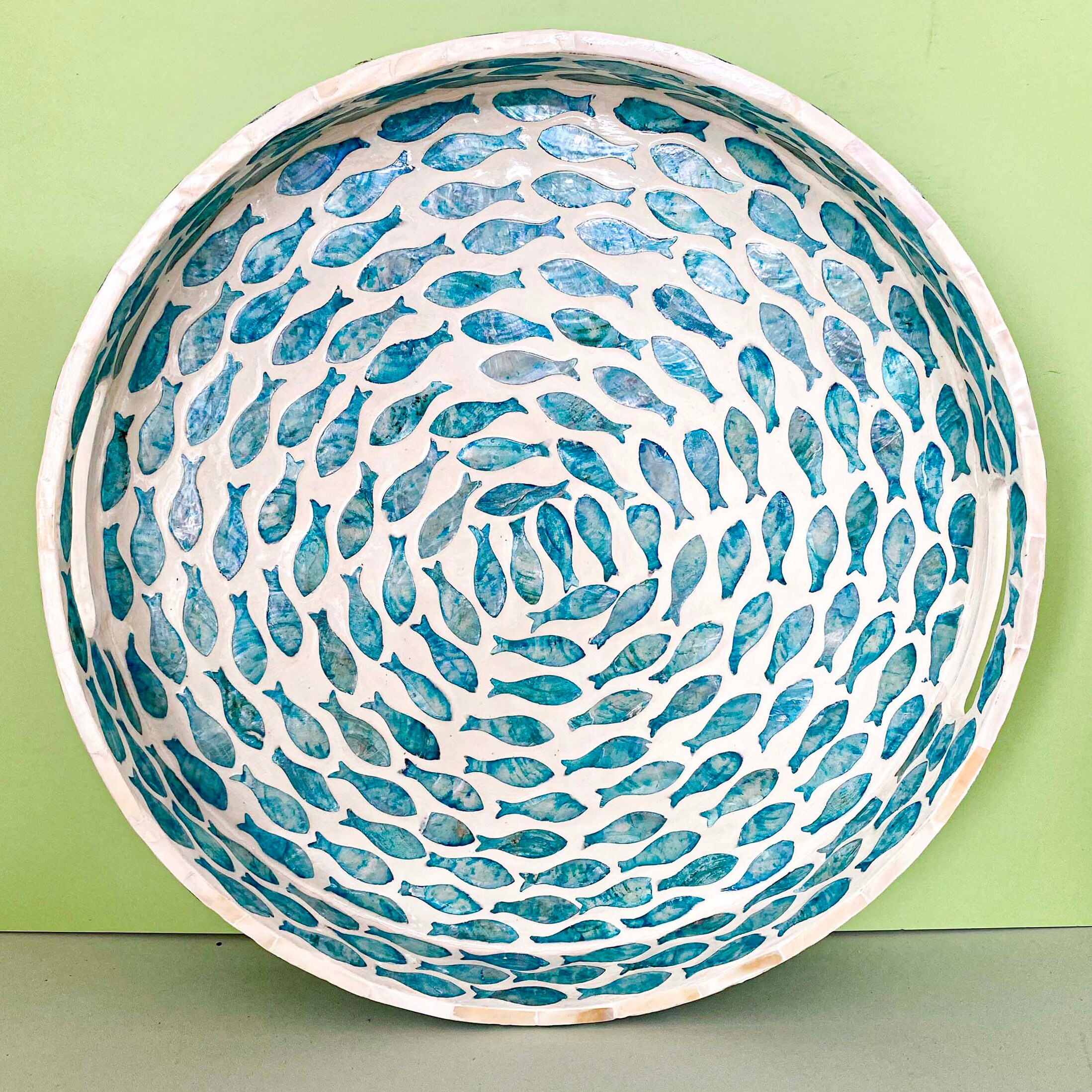 Mother Pearl Inlaid Round Tray, Lacquer Serving Tray, Full Fish Pattern ...