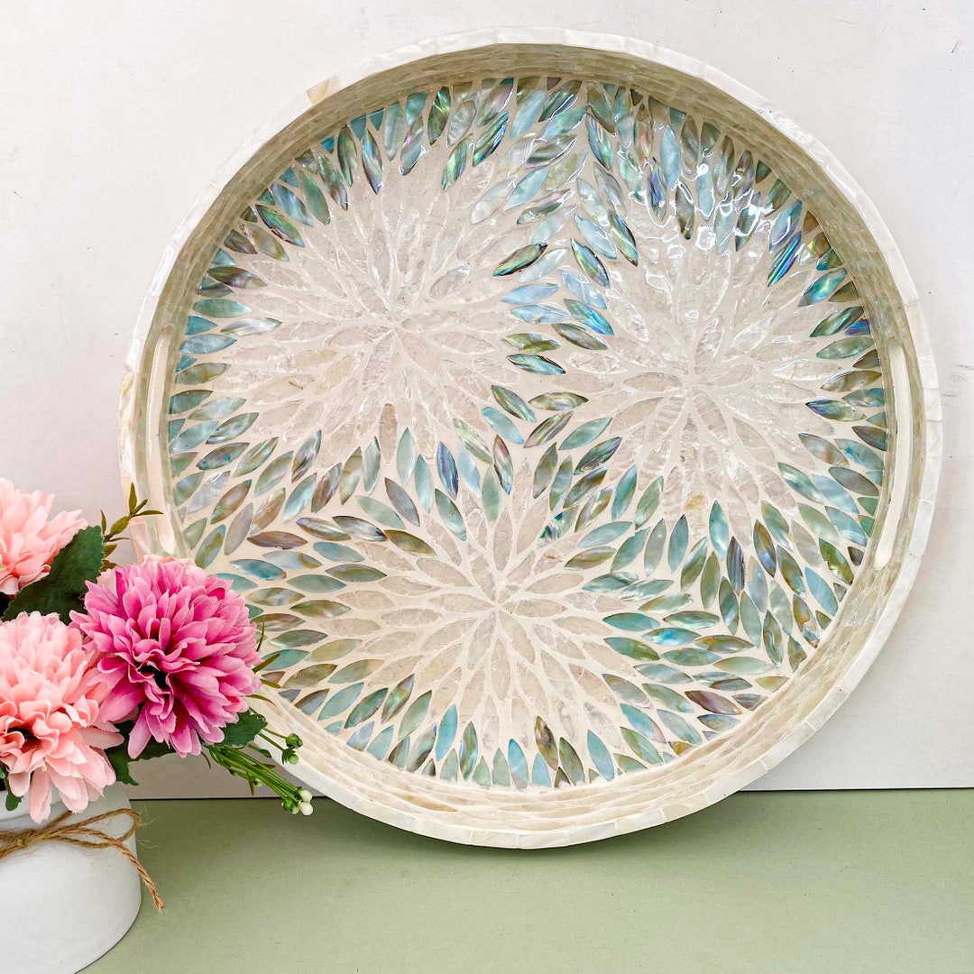 Mother of Pearl Inlaid Round Tray, Lacquer Serving Tray, Flower Pattern ...
