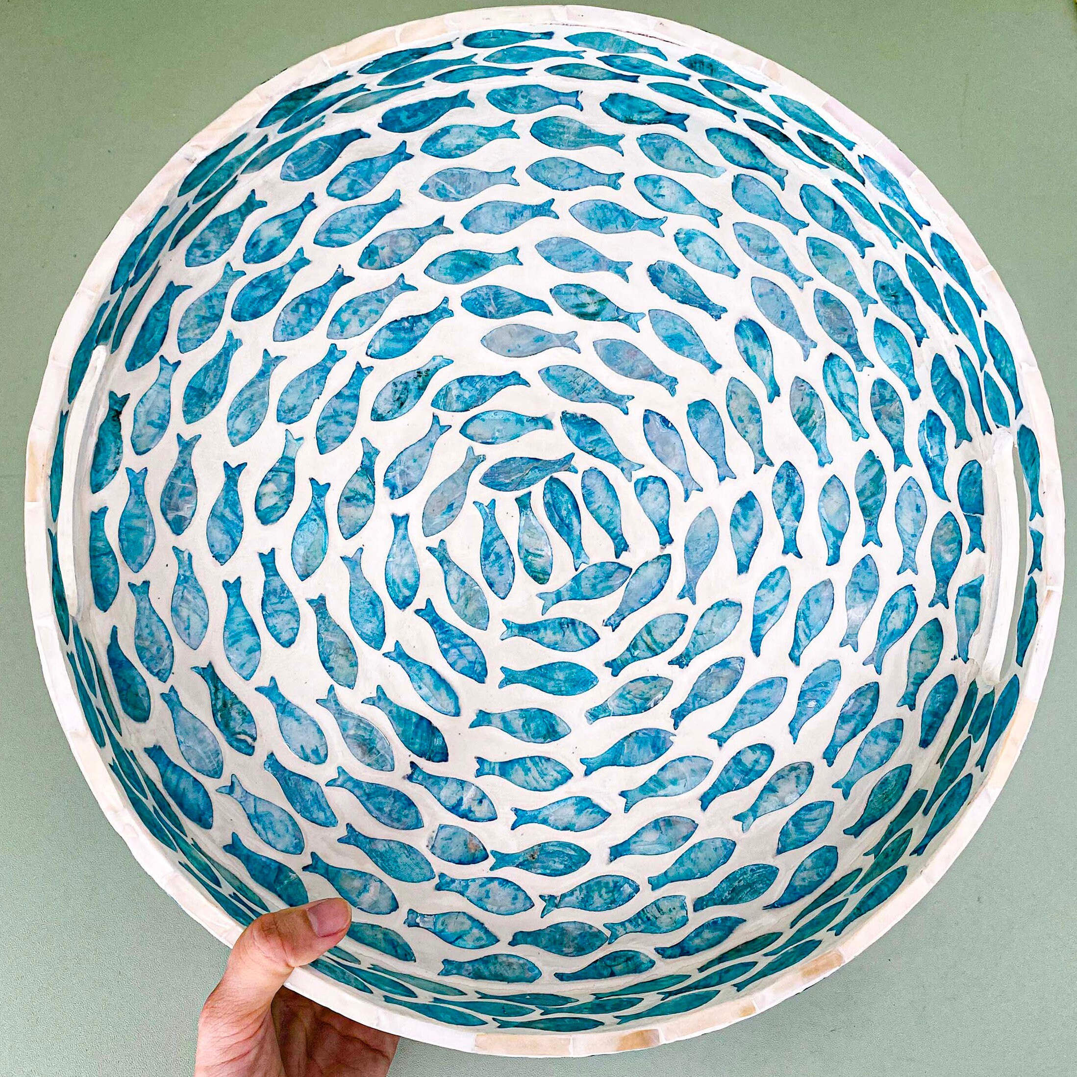 Mother Pearl Inlaid Round Tray, Lacquer Serving Tray, Full Fish Pattern ...