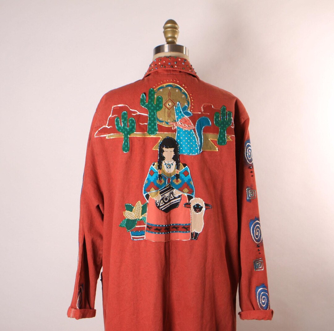1980s Hand Painted Southwestern Duster Coat - Spiral Fringe Trim ...