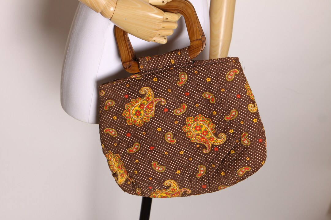 1970s Brown and Red Paisley Print Wood Handle Handbag Purse - Etsy