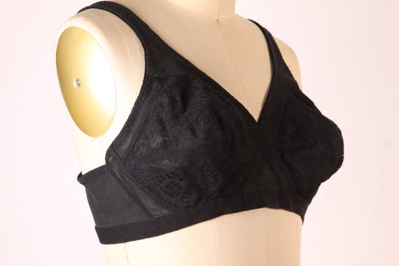 1970s Sheer Black Floral Lace Lift Criss Cross Bra by… - Gem