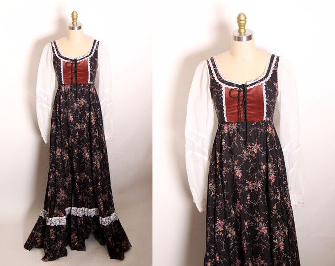 1970s Dark Brown Floral Lace up Corset Velvet Bodice Sheer Lace Long ...