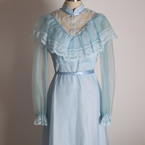 1970s Light Powder Blue Sheer Bodice Long Sleeve Button up Frilly ...
