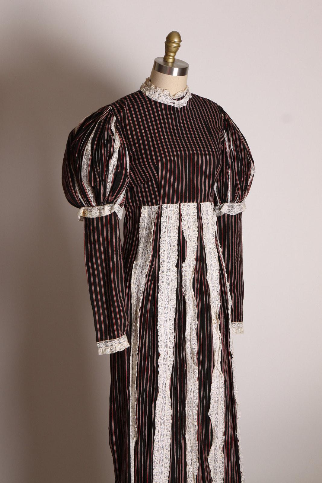 1960s Black, White and Red Long Mutton Sleeve Lace Striped Edwardian ...