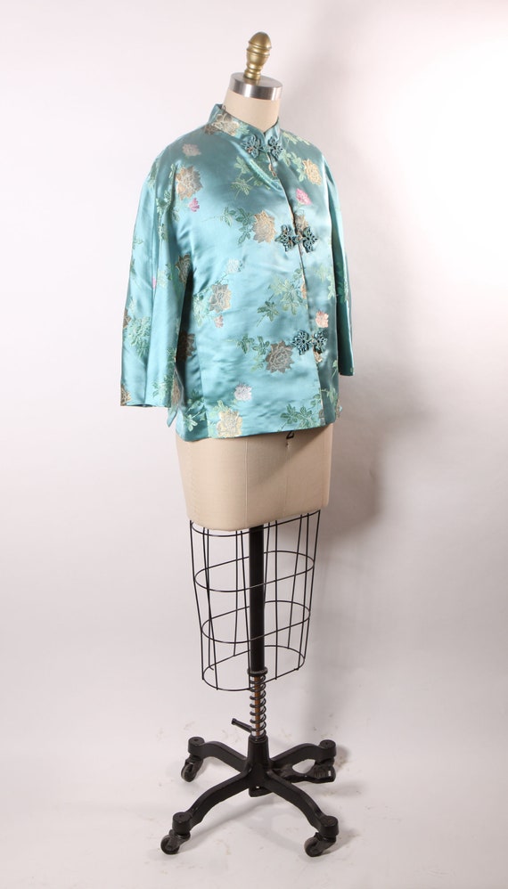 1950s 1960s Blue Brocade Chinese Frog Closure 3/4 Len… - Gem