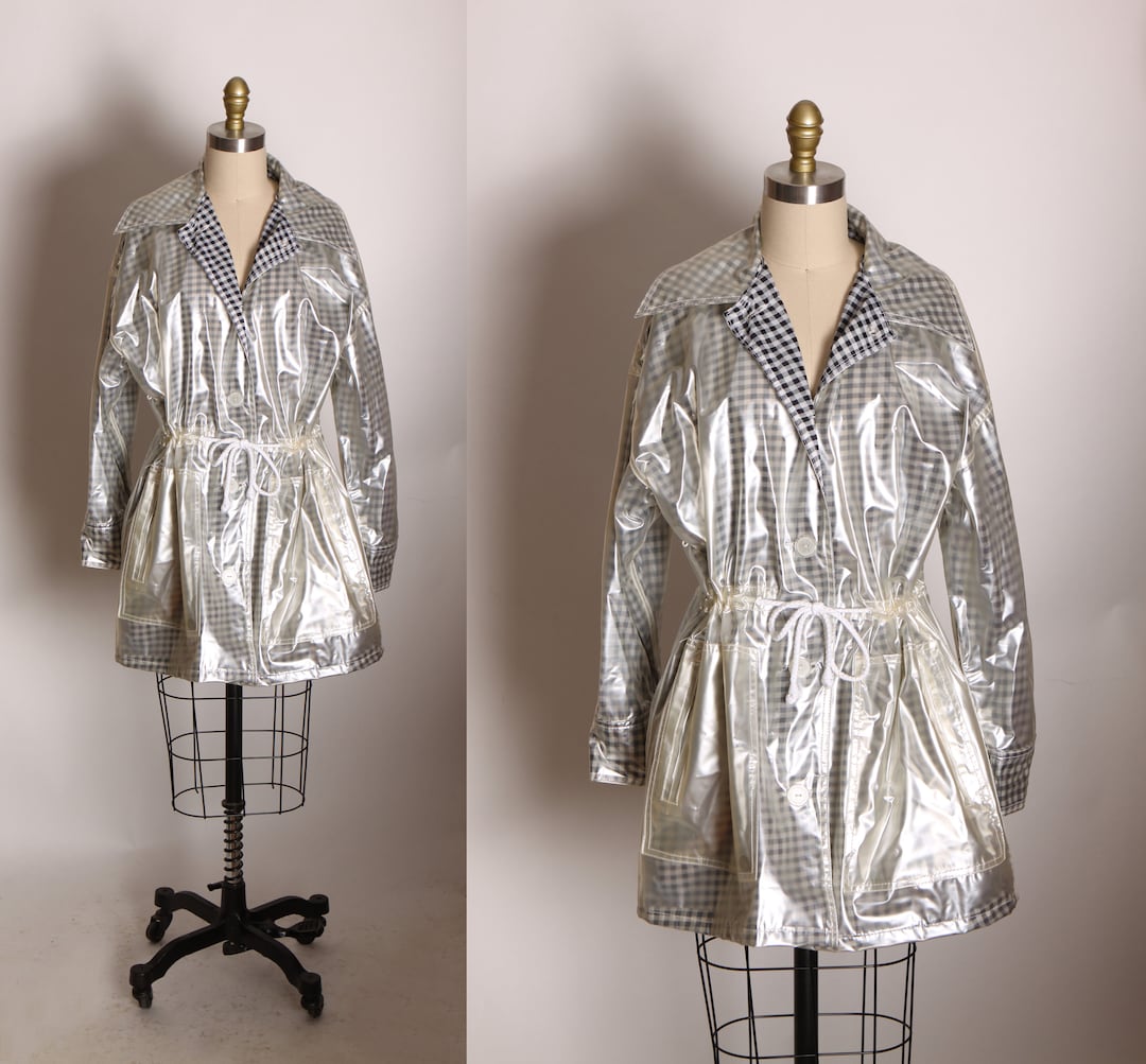 1980s-1990s Clear Vinyl Black and White Gingham Long Sleeve Cinch Waist ...