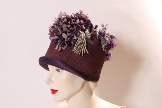1920s Purple Floral Flower Detail Rolled Edge Flapper… - Gem