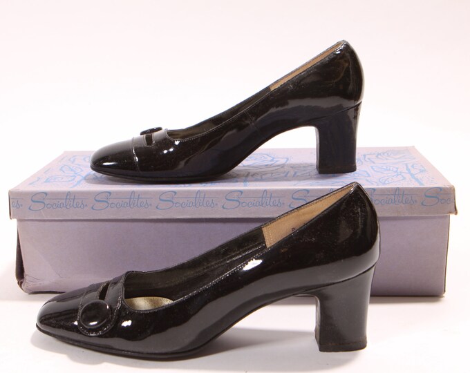 1960s Black Patent Leather Button Detail High Heel Shoes Pumps by ...