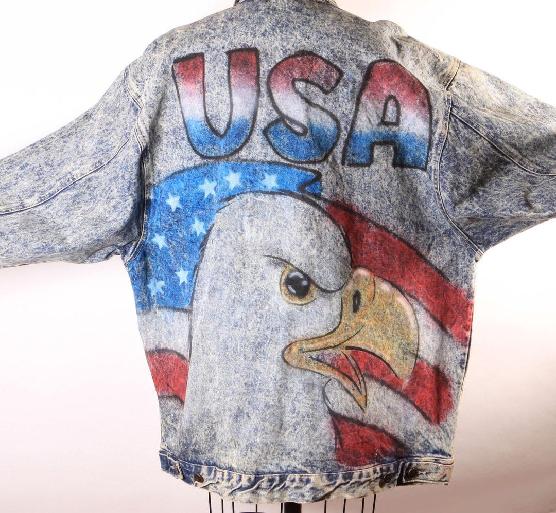 1980s Blue Denim Acid Wash Oversized Airbrush America Bald Eagle USA ...