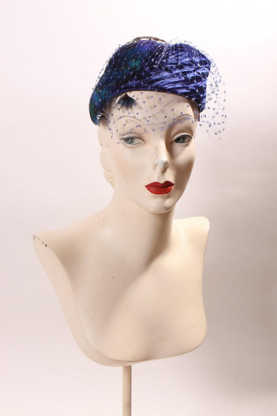 Deadstock 1950s 1960s Royal Blue Velvet and Peacock Feather Blue Veil ...