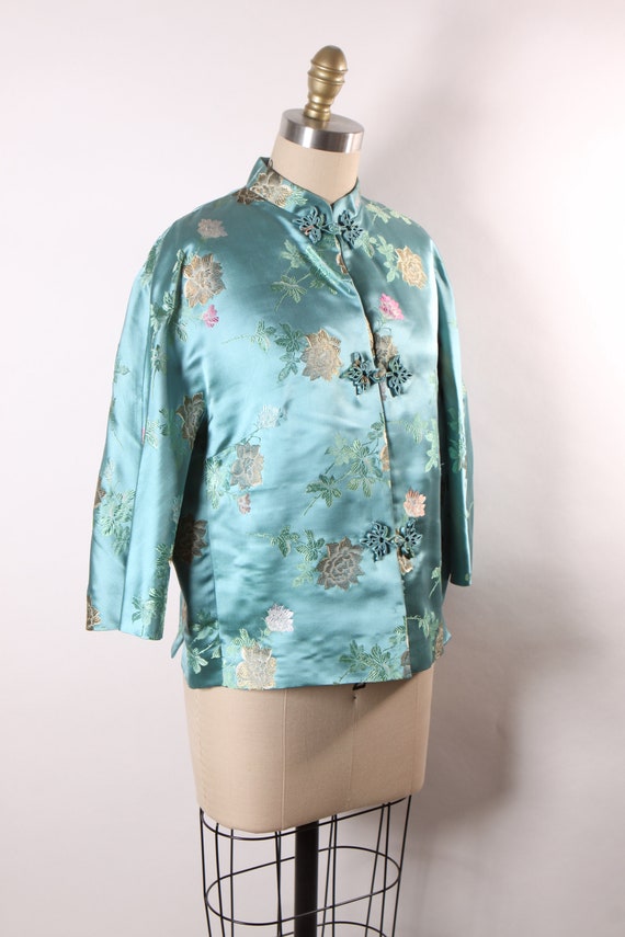 1950s 1960s Blue Brocade Chinese Frog Closure 3/4 Len… - Gem
