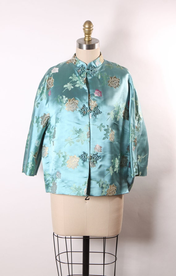 1950s 1960s Blue Brocade Chinese Frog Closure 3/4 Len… - Gem