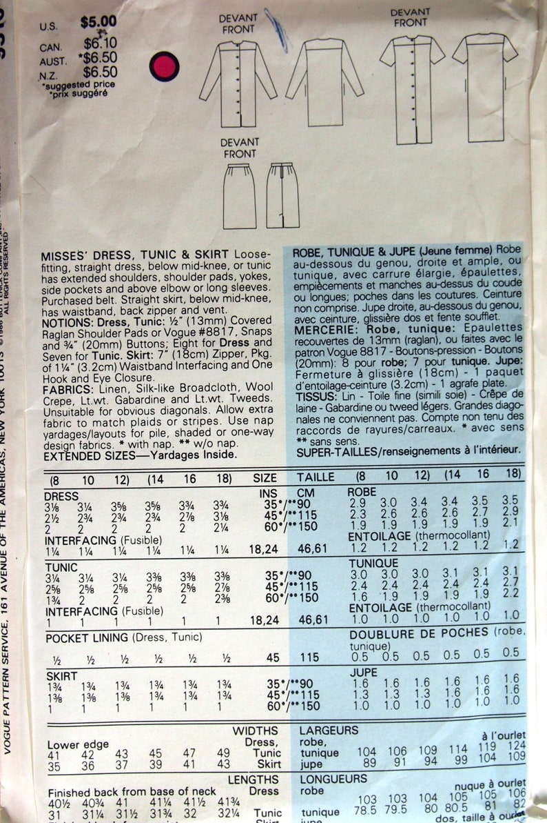 Misses' Dress, Tunic & Skirt Size 20, 22, 24 Very Easy Vogue 9516 ...