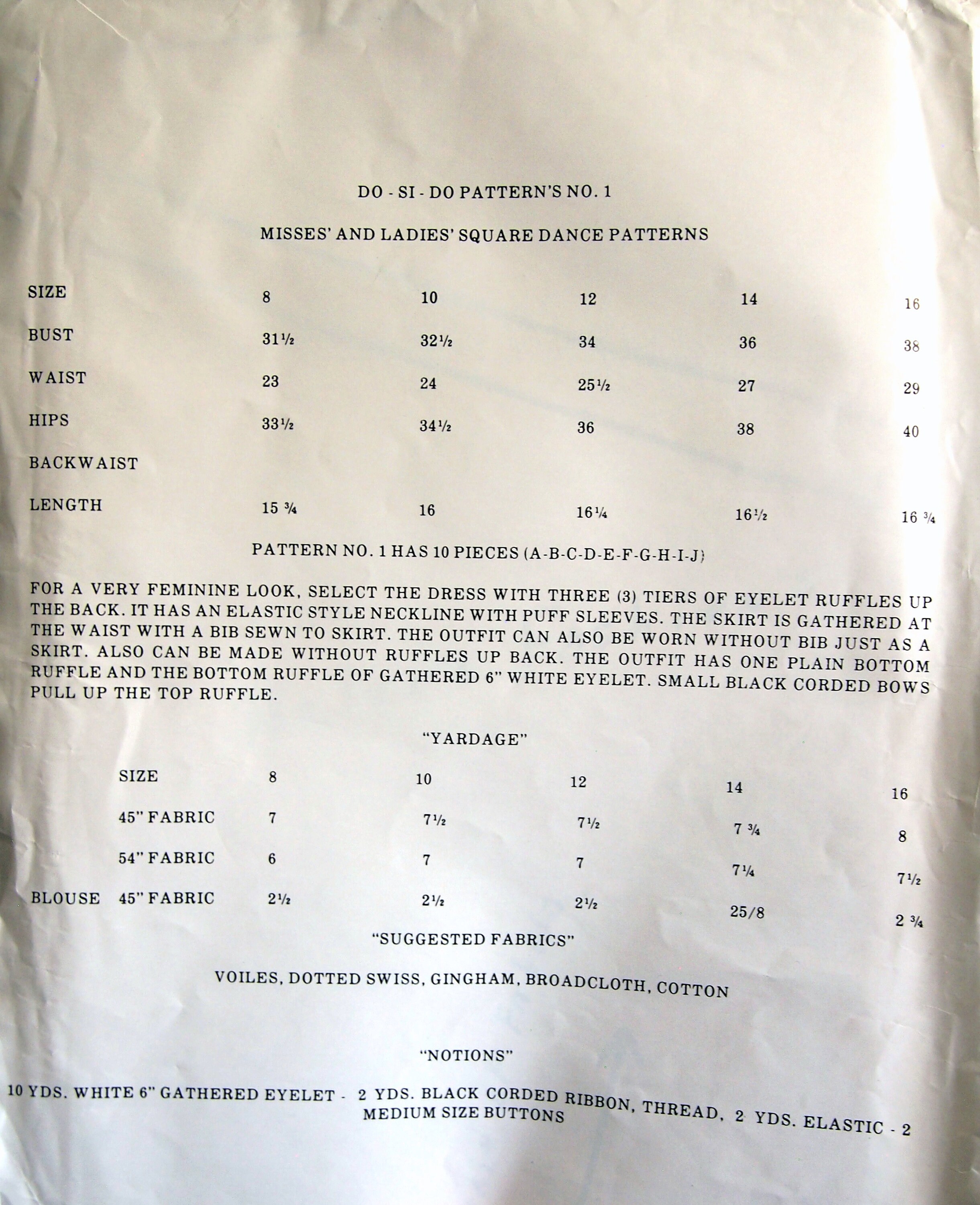 Do-si-do - Square Dance Pattern No. 1 - Size 12 Vintage Uncut Sewing ...