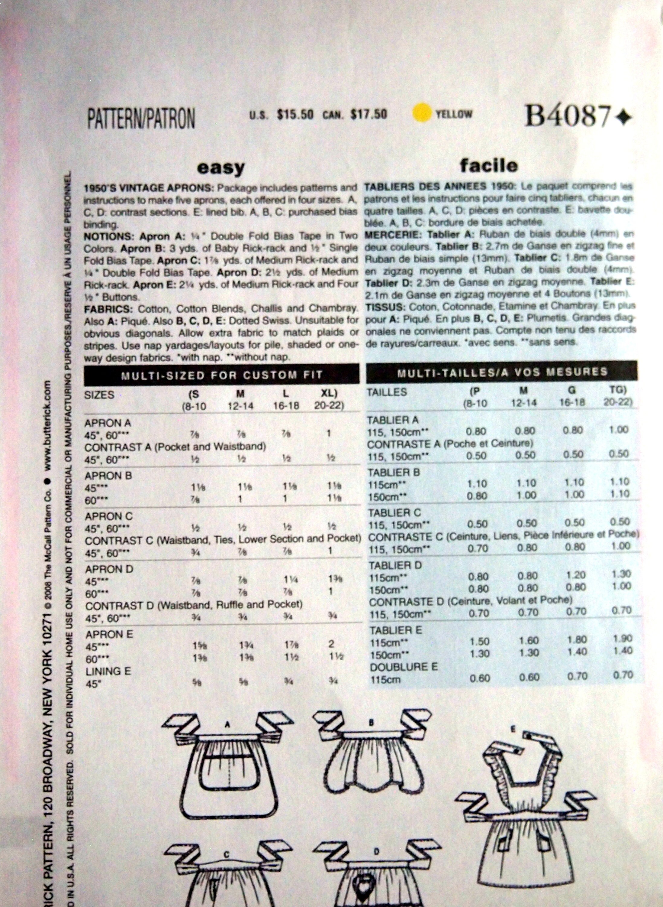 Kits & How To 1950's Vintage Aprons Butterick B4087 Uncut Sewing ...