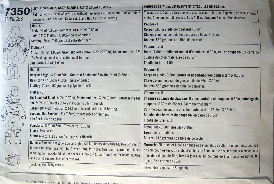 28 Inch Dolls Clothes and 6-1/2 Inch Pumpkin Simplicity - Etsy