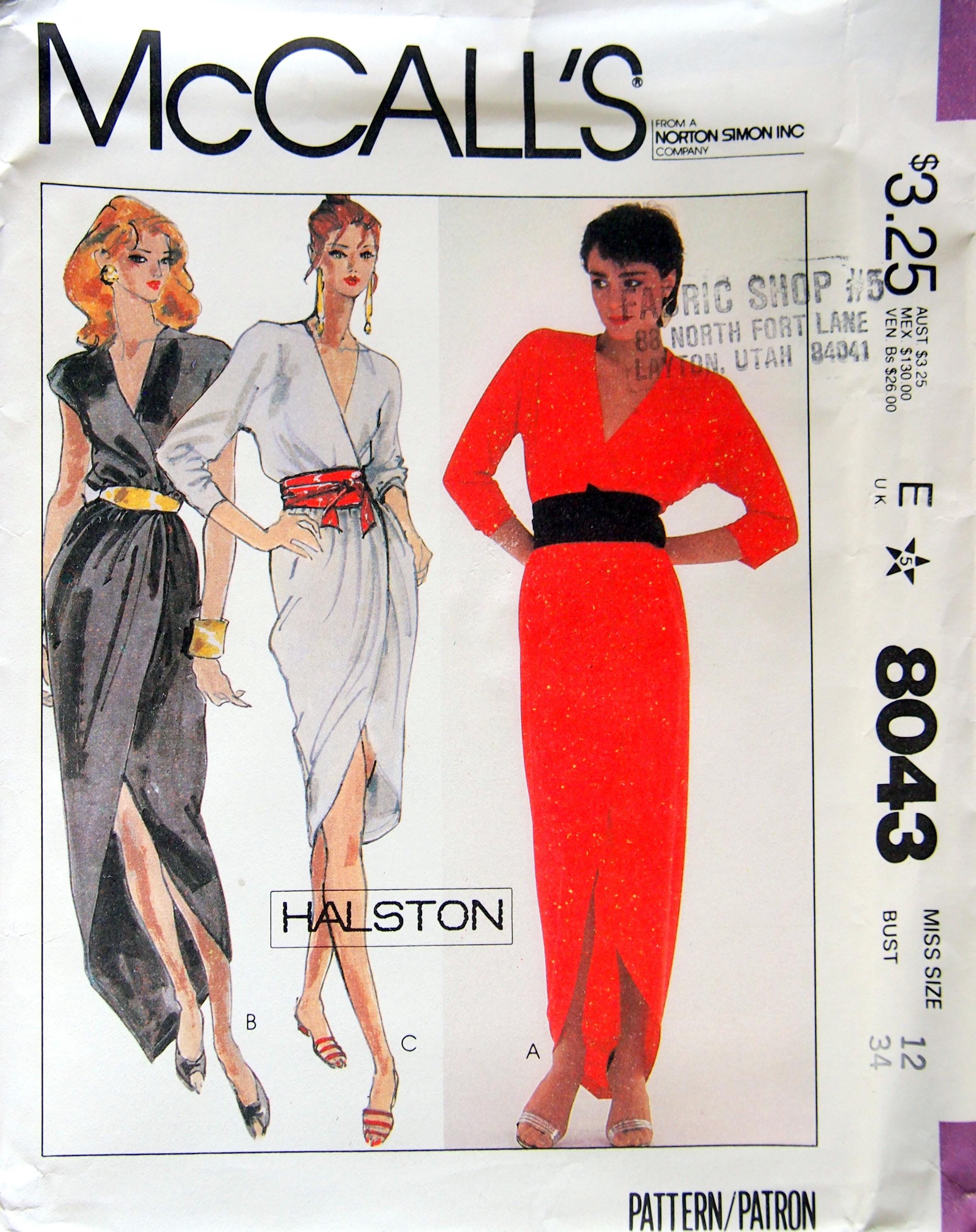 Misses' Dress and Sash - Halston Size 12 Mccall's 8043 Vintage Uncut ...