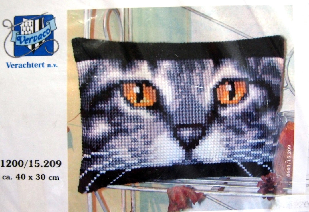 Cat Face by Vervaco Verachtert Cross Stitch Canvas Pillow Kit Undated ...
