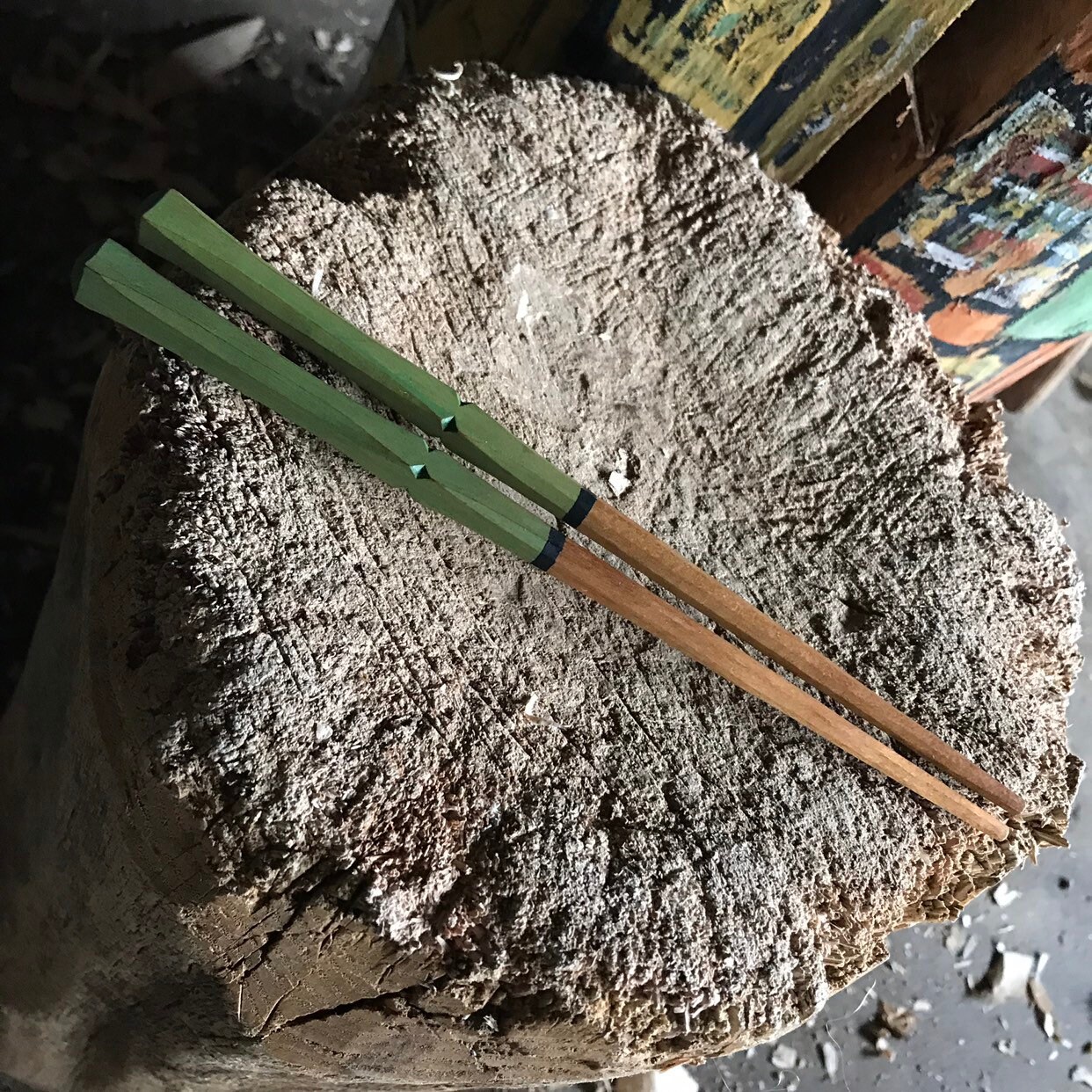 8 hand carved milk painted chopsticks