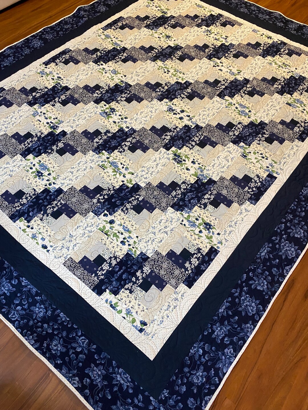Blue/white Log Cabin Queen Quilt 85” X 105” - Etsy