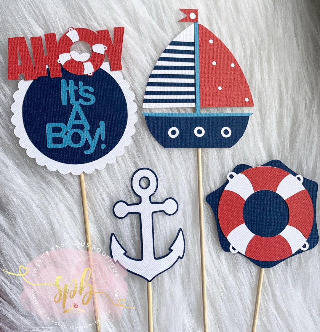 Nautical Cupcake Toppers, Set of 12, Anchor, Sailboat, Ahoy Its A Boy ...