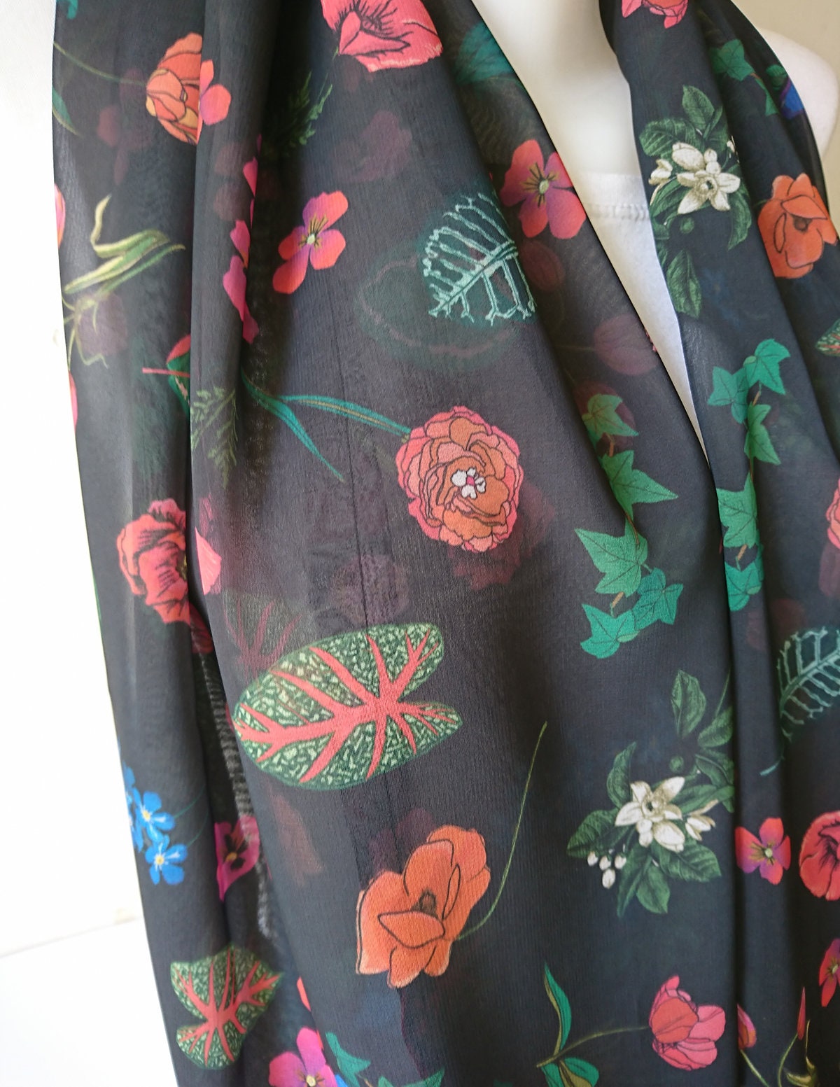 Black Floral Infinity Scarf, Flower Print Chiffon Circle Scarf, Women ...