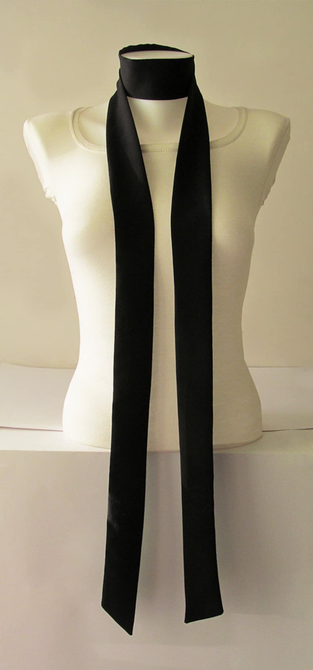 Black Medina Silk Polyester Skinny Scarf: 80"x2", Long Angled Neck Tie ...