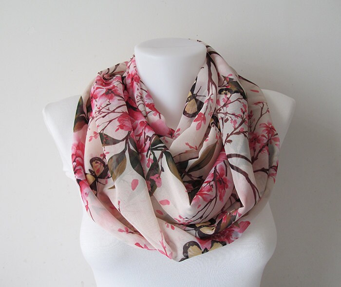 Pink Circle Scarf, Floral Pattern Infinity Scarf, Women Scarf, Loop ...