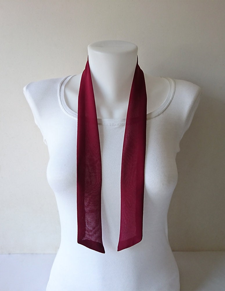 Burgundy Skinny Scarf, 36.5"x1.75", Neckerchief, Crepe Chiffon Neck Tie ...
