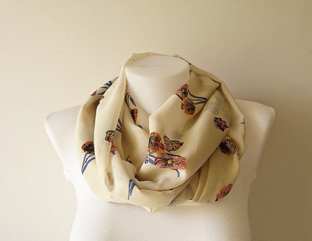 Beige Floral Infinity Scarf Flower Butterfly Print Circle - Etsy