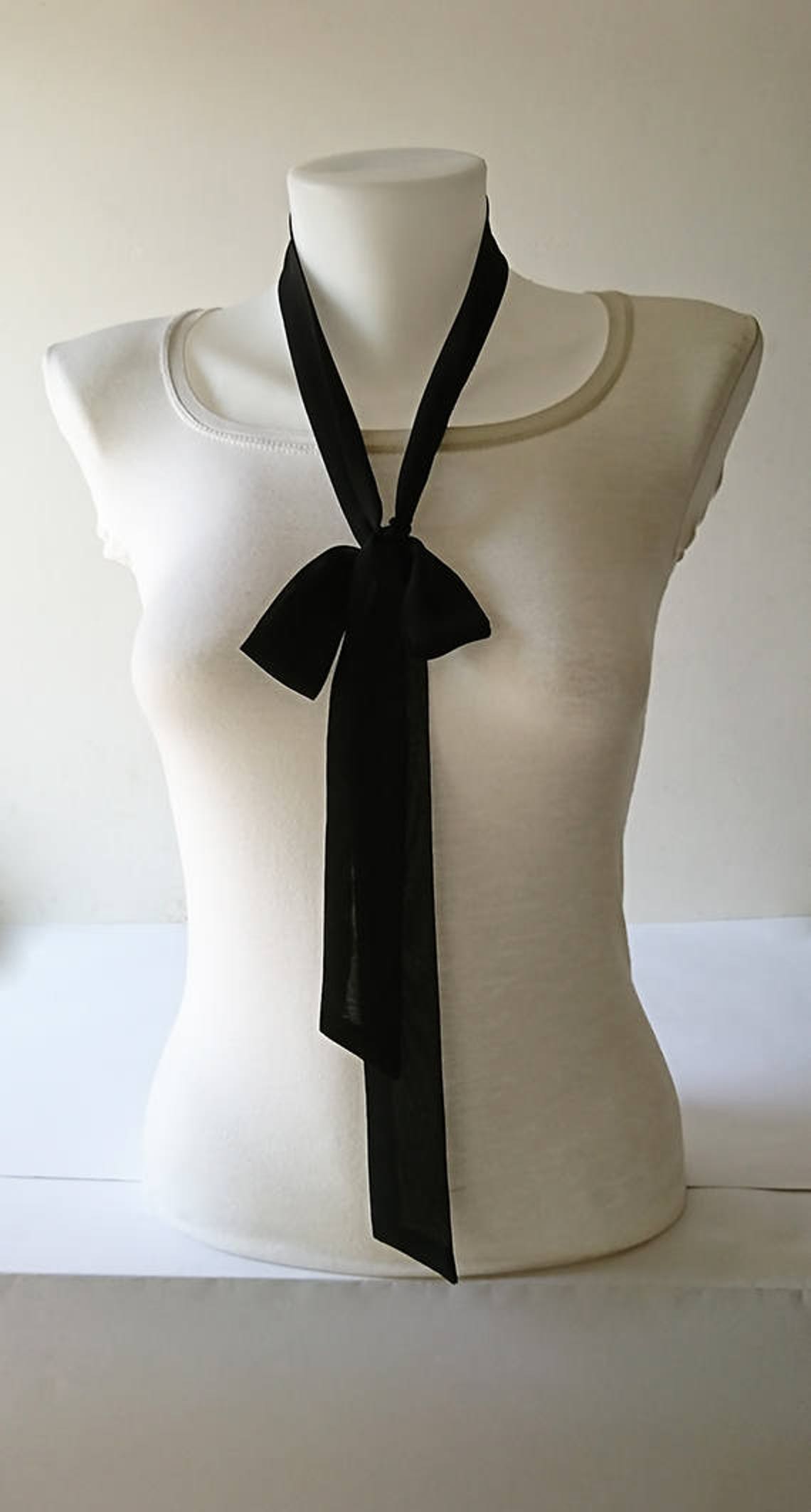 Black Skinny Scarf, 63"x1.5", Long Thin Scarf With Angled Ends, Crepe ...