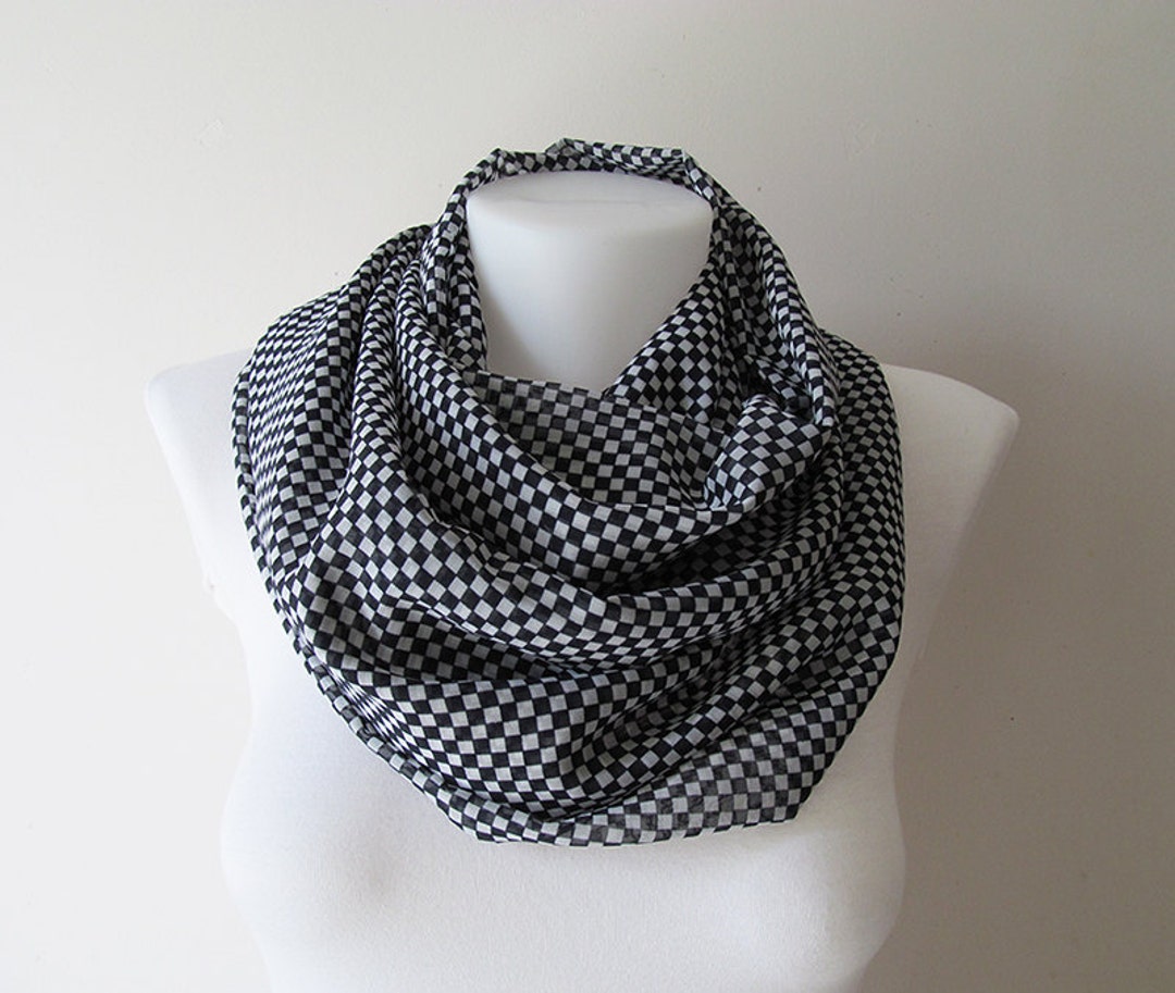 Navy Blue White Square Pattern Scarf, Chiffon Infinity Scarf, Circle ...