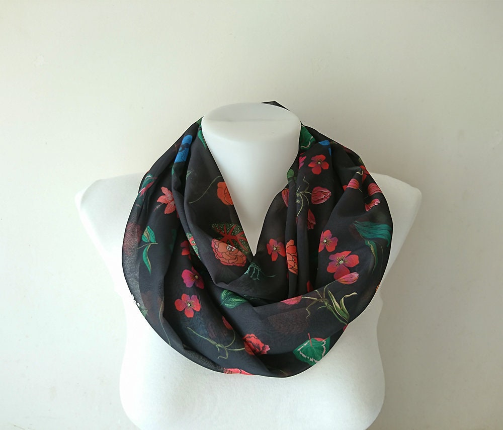 Black Floral Infinity Scarf, Flower Print Chiffon Circle Scarf, Women ...