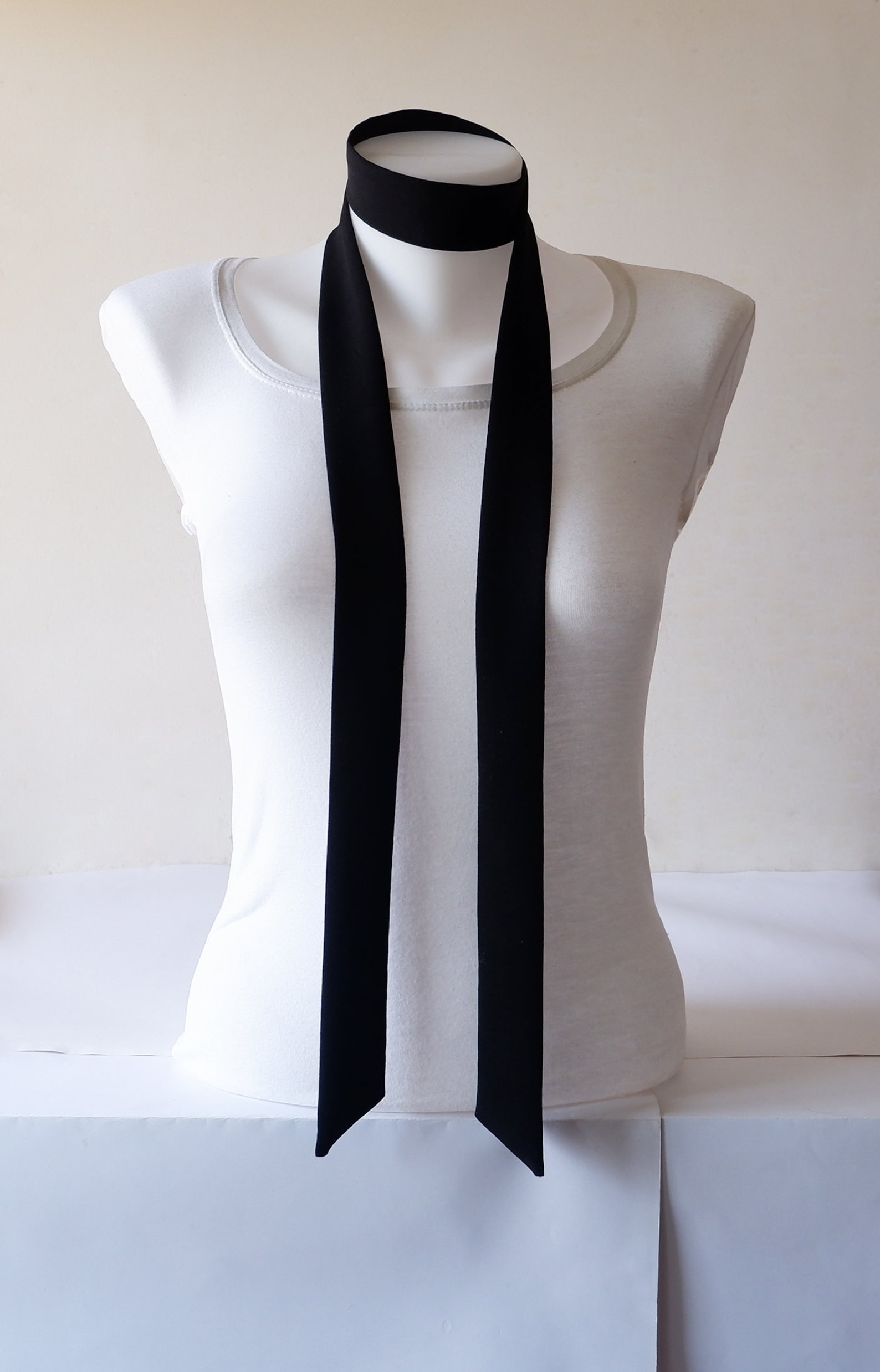 Black Skinny Scarf, 63"x1.5", Long Thin Scarf With Angled Ends, Medina ...