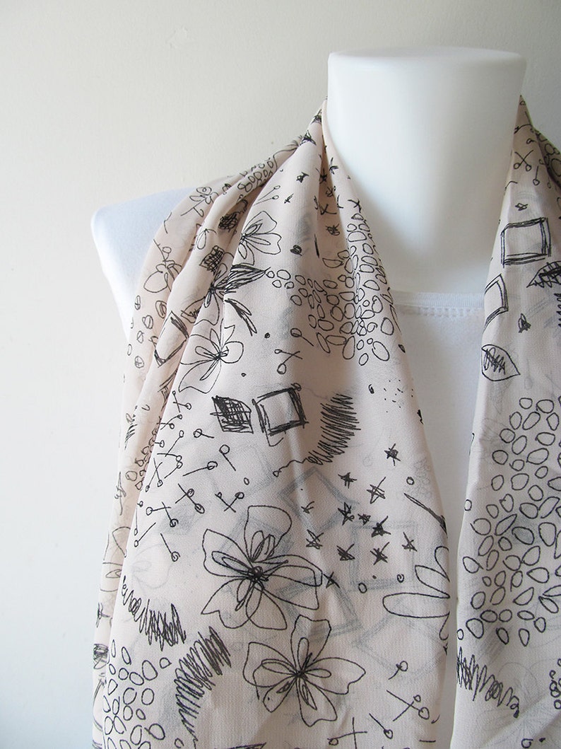 Hand Drawn Pattern Scarf Cream Chiffon Infinity Scarf Circle - Etsy