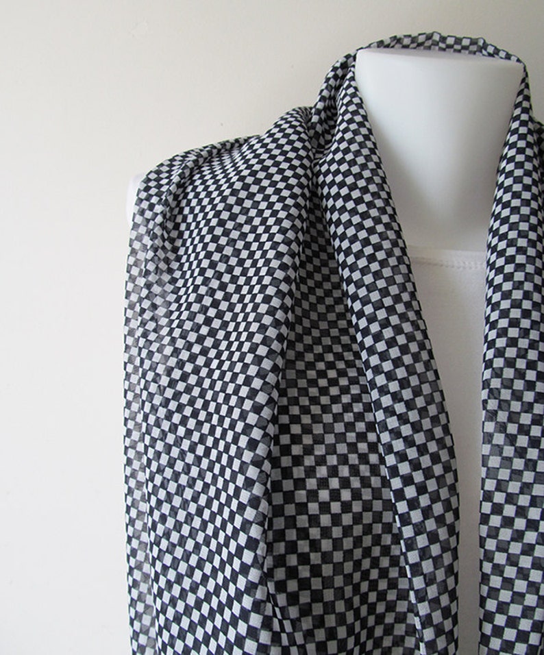 Navy Blue White Square Pattern Scarf, Chiffon Infinity Scarf, Circle ...