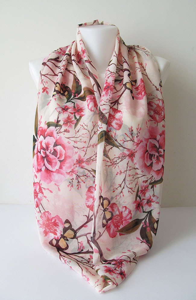 Pink Circle Scarf, Floral Pattern Infinity Scarf, Women Scarf, Loop ...