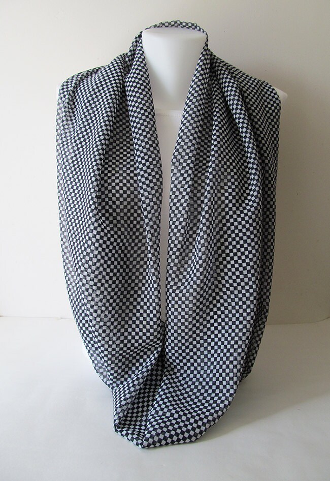 Navy Blue White Square Pattern Scarf, Chiffon Infinity Scarf, Circle ...
