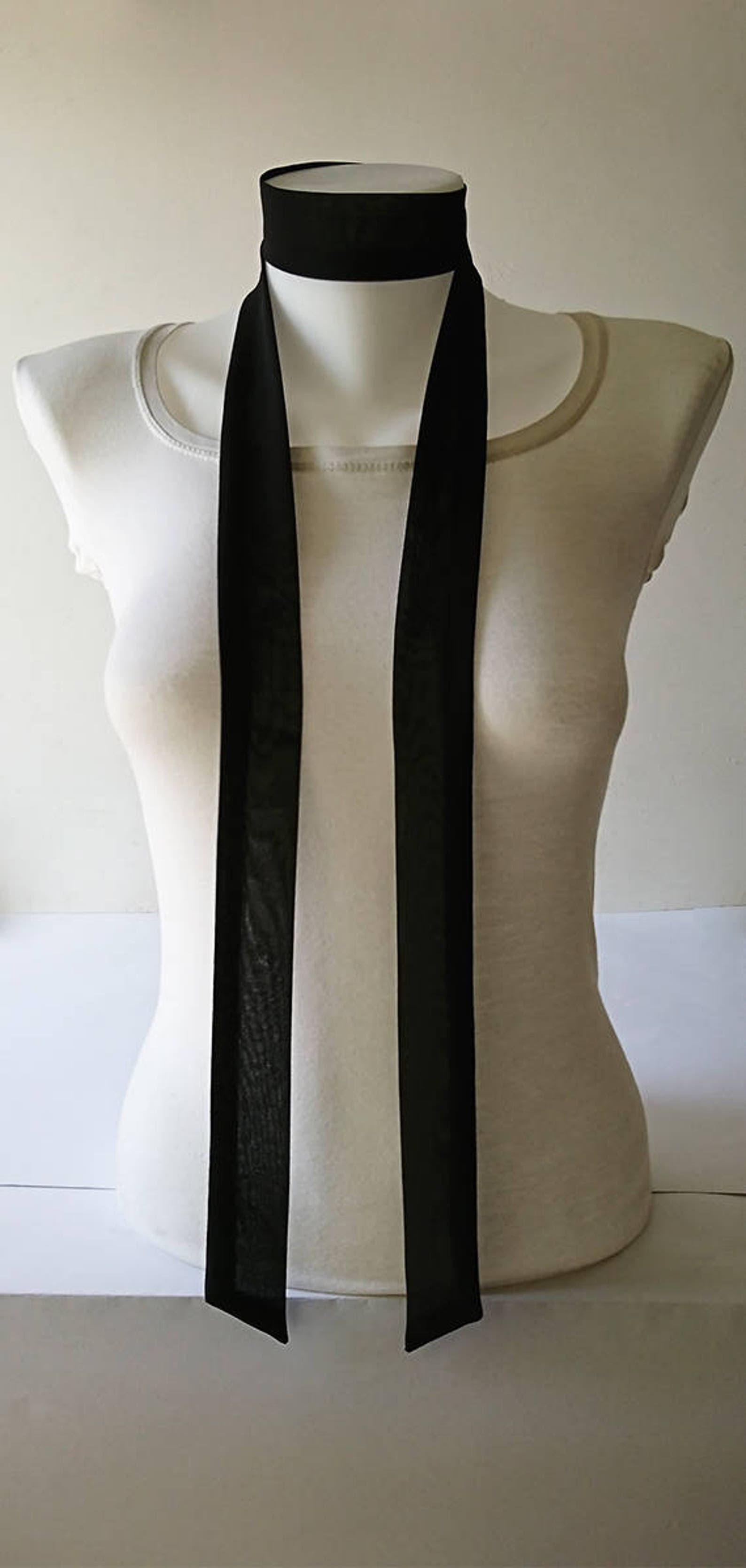 Black Skinny Scarf, 63"x1.5", Long Thin Scarf With Angled Ends, Crepe ...