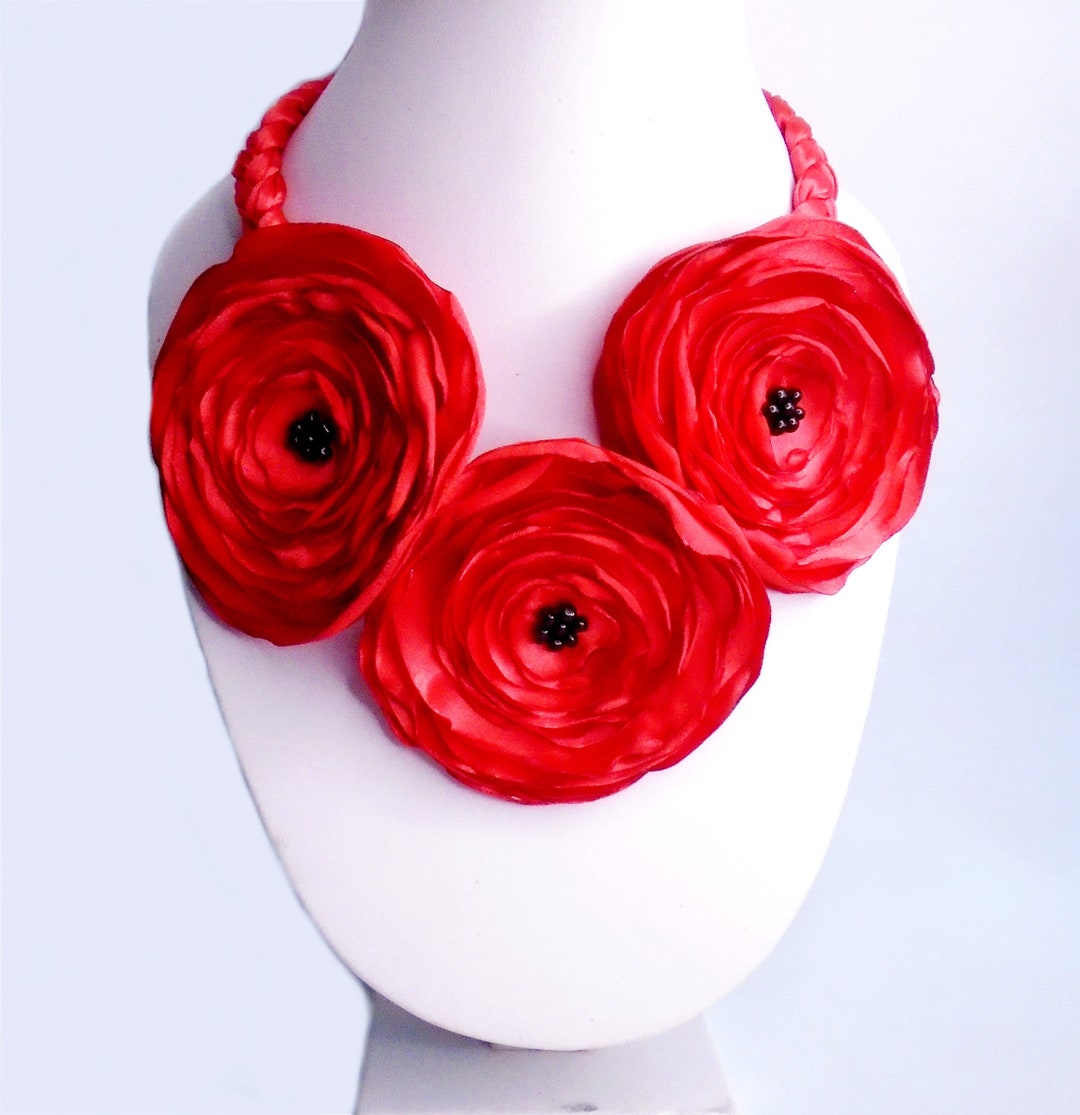 Red Flower Fabric Necklace, Holiday Statement Necklace, Custom Color ...