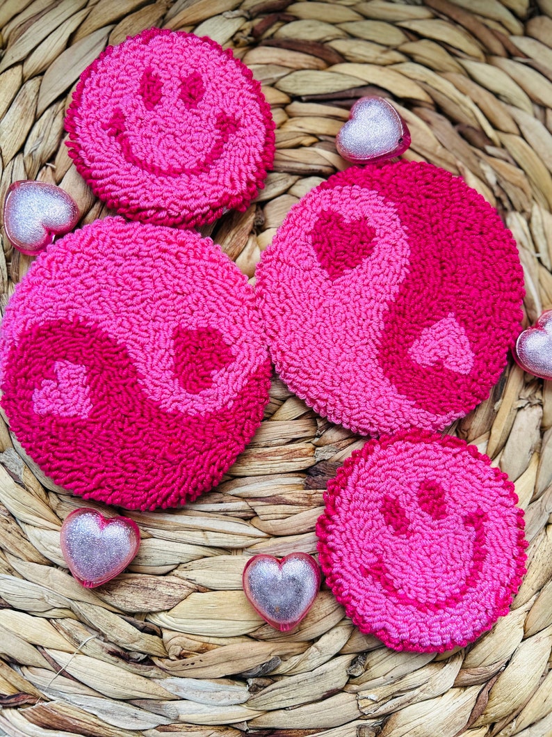 Pink Smiley Face Punch Needle Car Coasters - Etsy