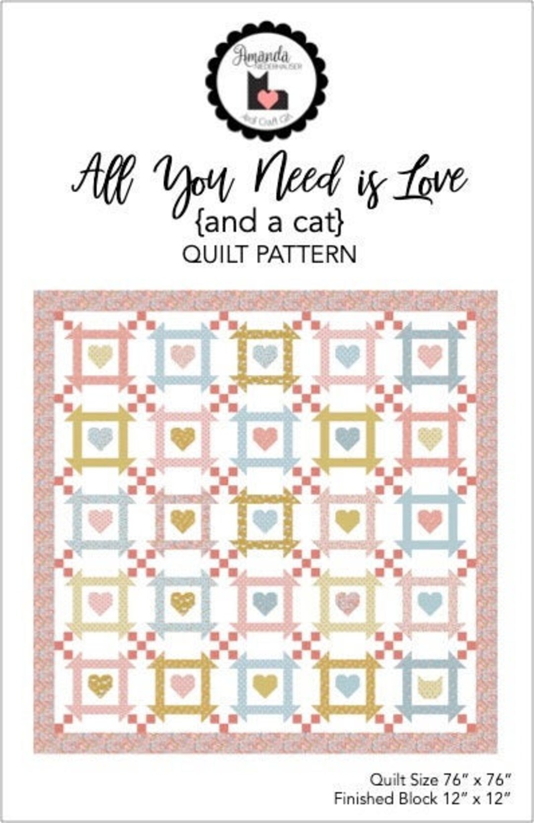 All You Need is Love and a Cat PDF Quilt Pattern, Valentine Quilt ...