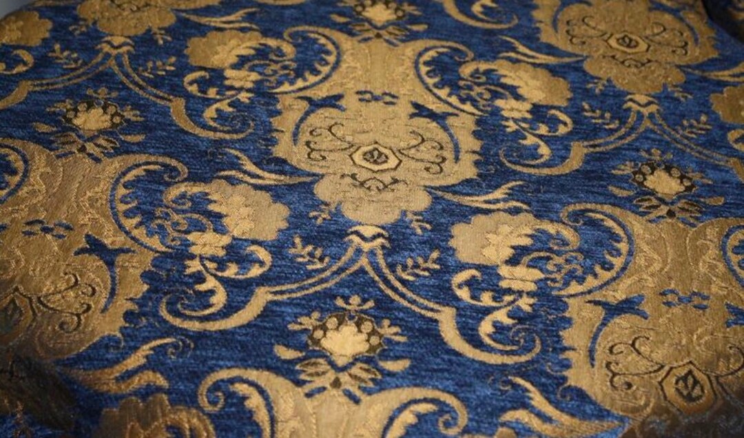 6 Yards Navy Blue and Gold Designer Chenille Damask Fabric, Renaissance ...