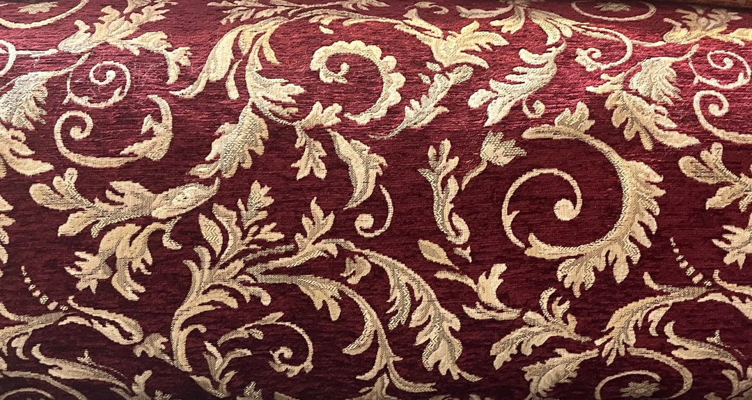 Gold and Burgundy Chenille Damask Fabric, Renaissance Home Decor ...